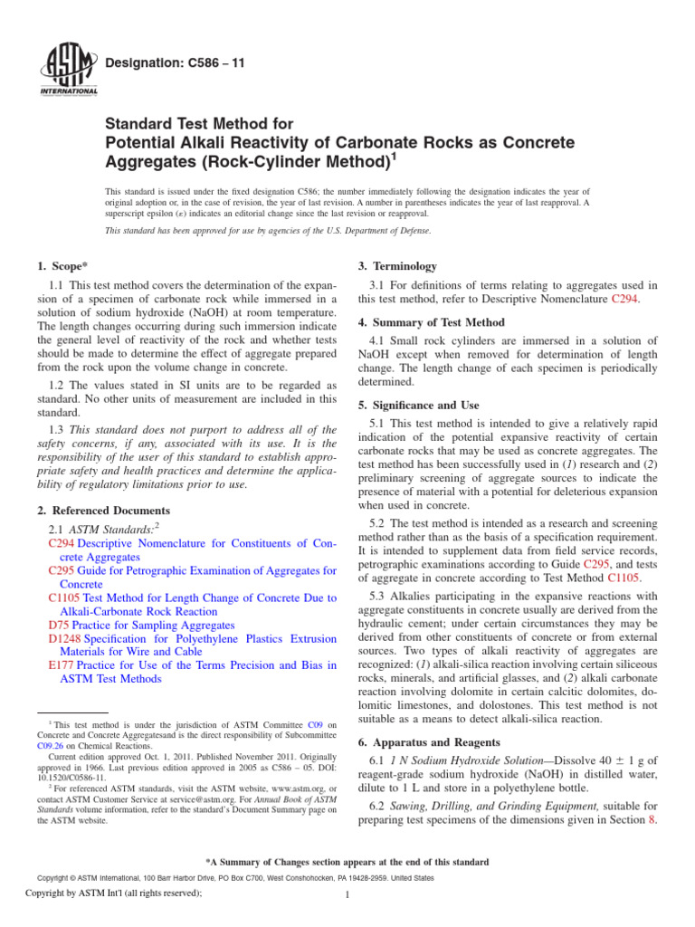 C586 11 Standard Test Method For Potential Alkali Reactivity Of Carbonate Rocks As Concrete