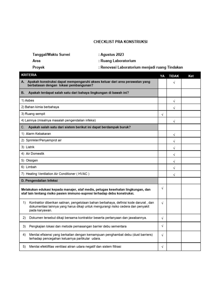 Checklist Pra Konstruksi Ruang Laboratorium | PDF
