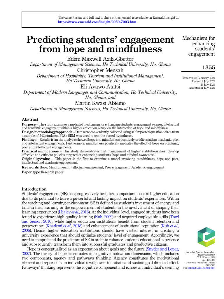 Predicting Students' Engagement From Hope and Mindfulness | PDF ...