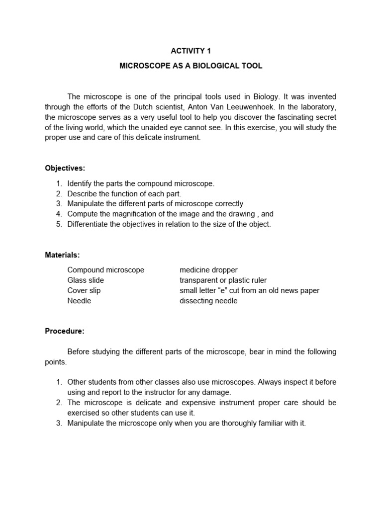 Act 1 Microscope As A Biological Tool | PDF | Microscope | Optics