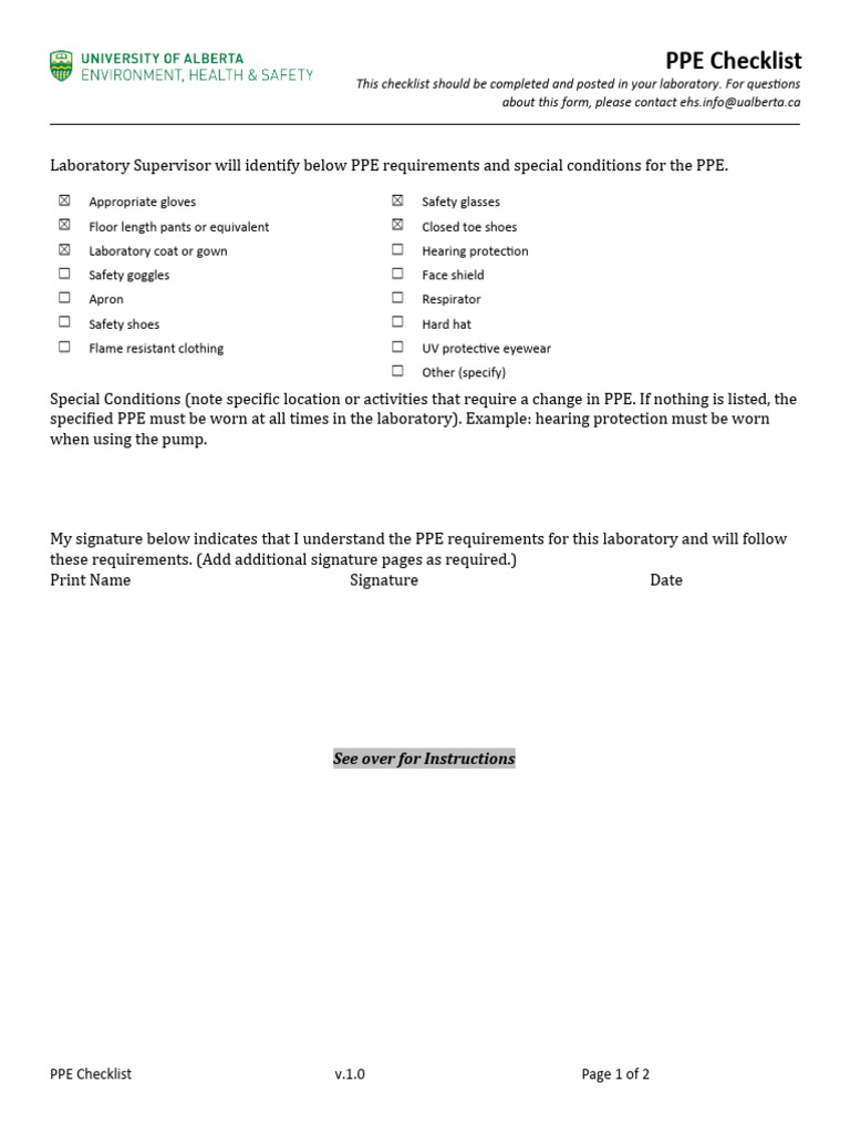 Laboratory PPE Requirements Checklist | PDF | Personal Protective ...