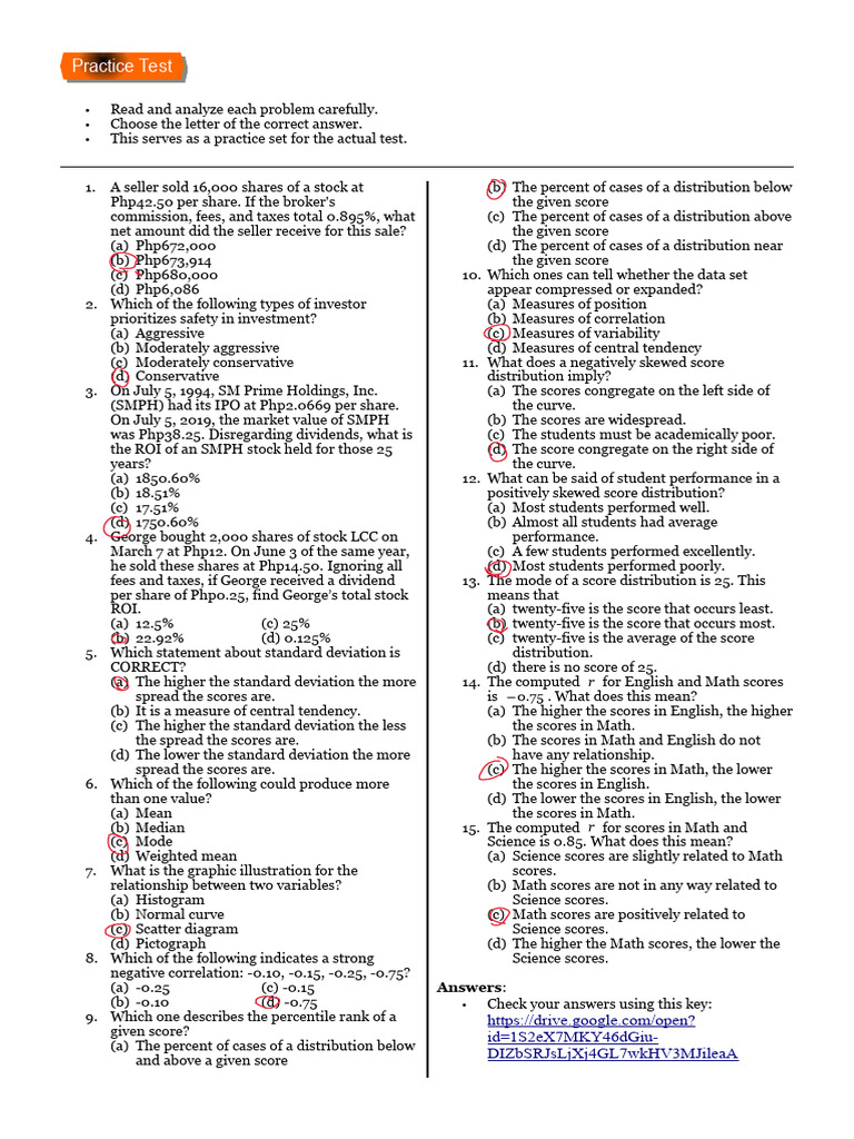 Practice Test 3 | Download Free PDF | Mean | Stocks
