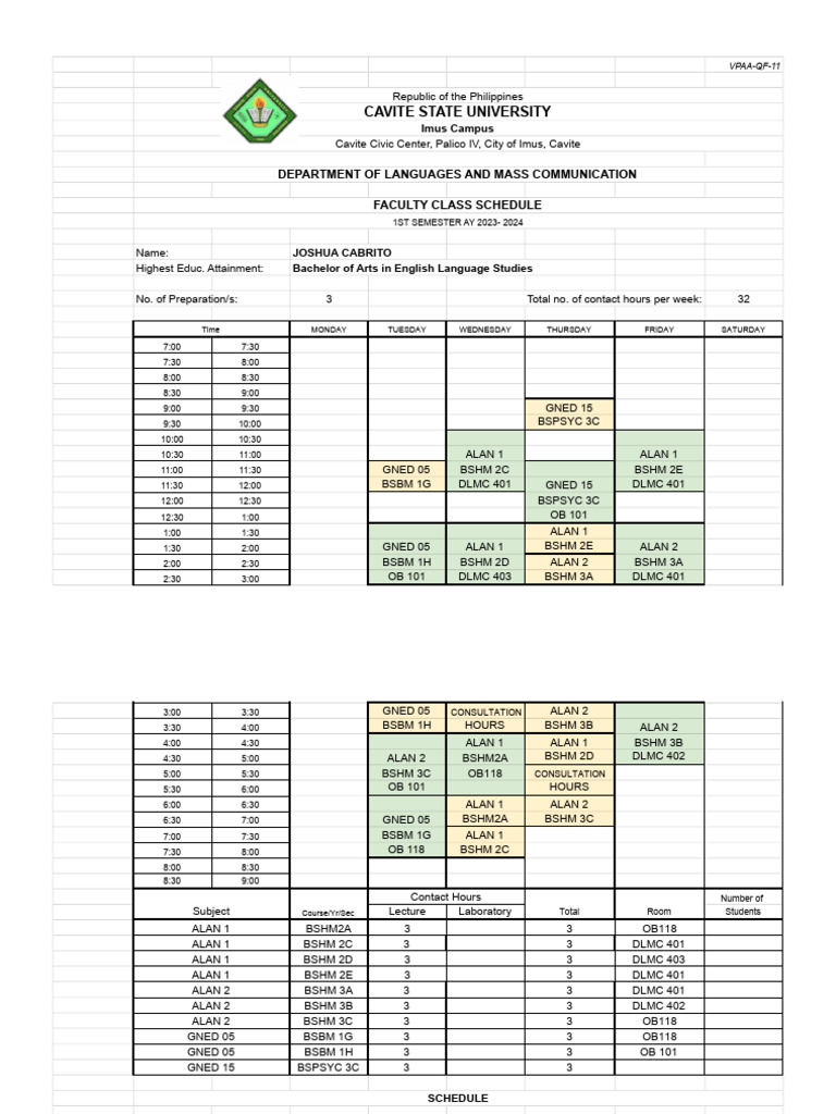 FACULTY SCHEDULE DLMC 23-24.xlsx - CABRITO (OK) | PDF