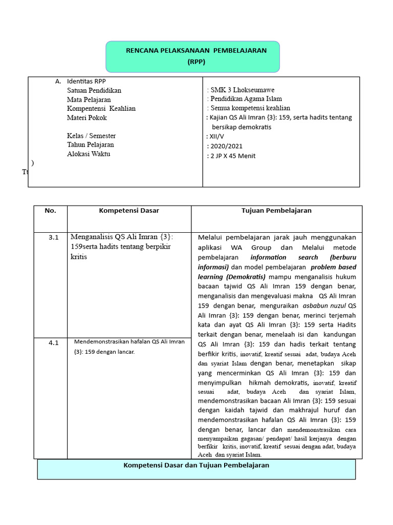 RPP KD 1 Demokratis 2020 | PDF