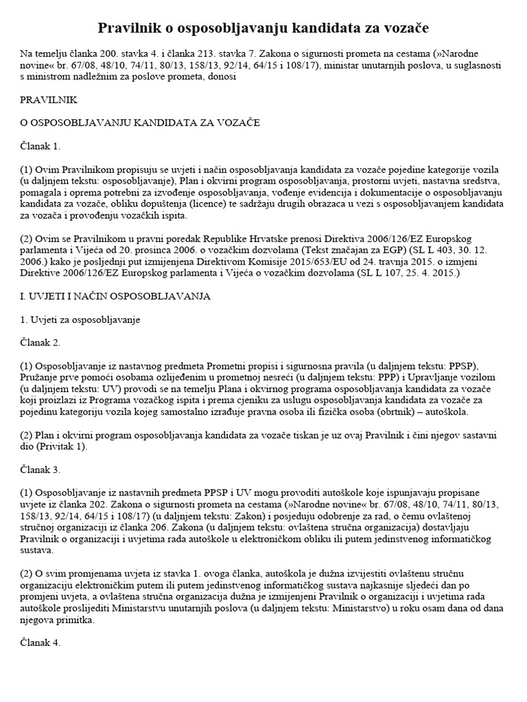Pravilnik o Osposobljavanju Kandidata Za Vozače | PDF