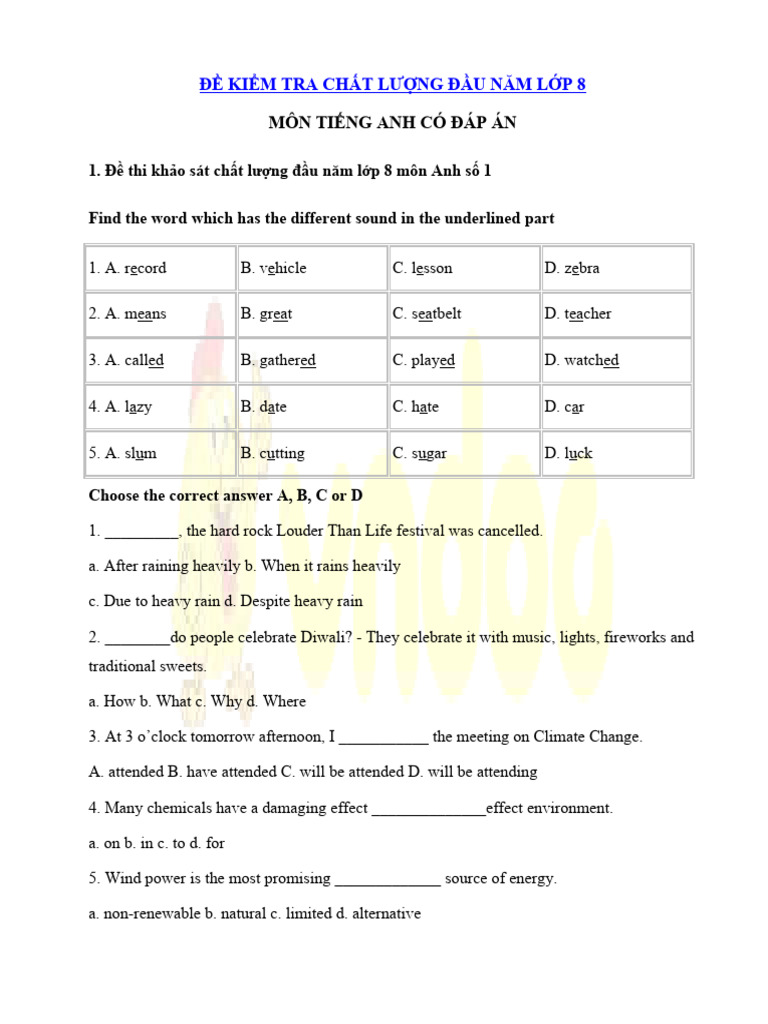 De Thi Khao Sat Chat Luong Dau Nam Mon Tieng Anh Lop 8 | PDF | Vietnam | Hue