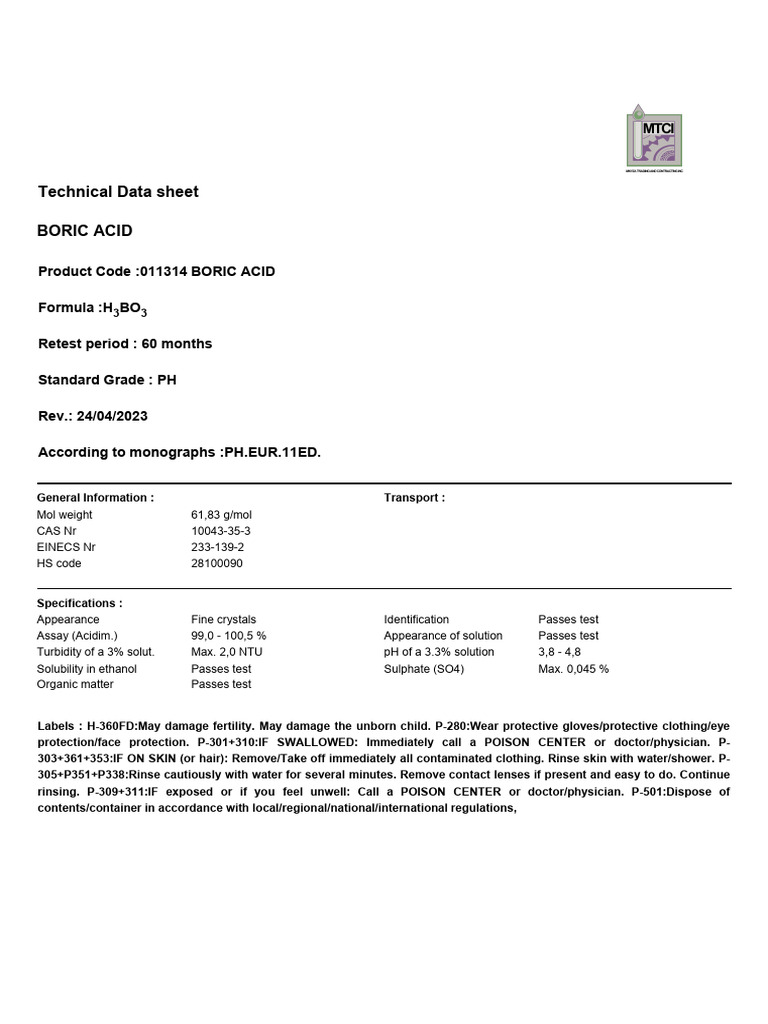 TDS Boric Acid | PDF | Science & Mathematics | Technology & Engineering