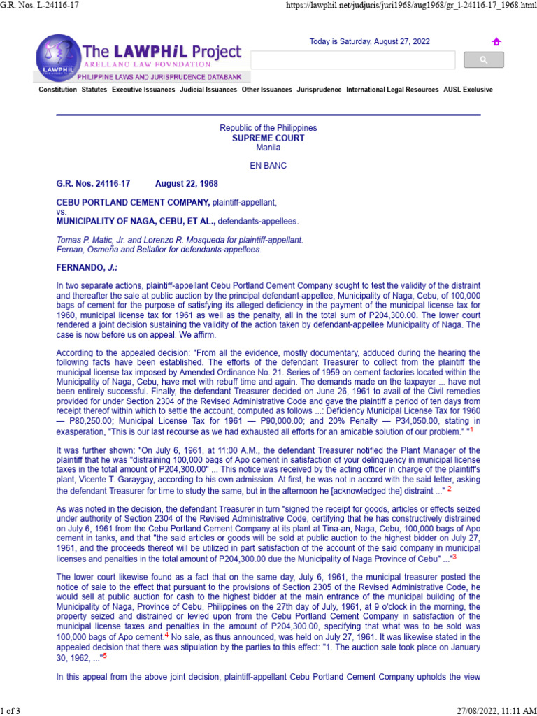 Cebu Portland Cement v. Mun. of Naga, 133 Phil. 695, 699 (1968) | PDF ...