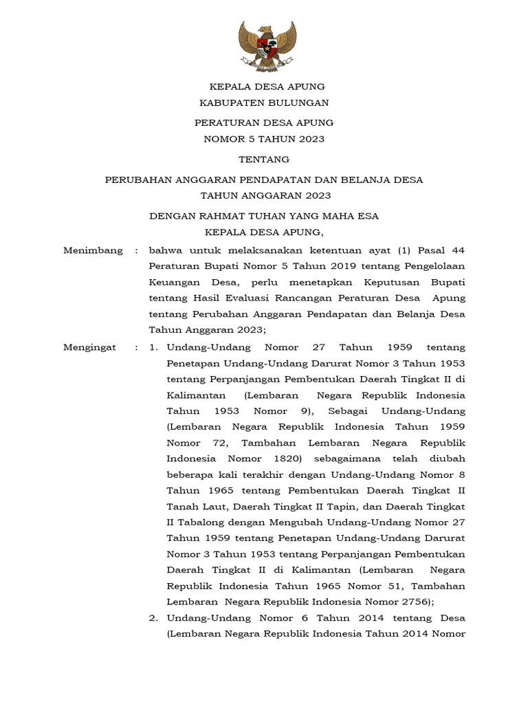 Perubahan Perdes APB Desa Tahun Anggaran 2023 | PDF