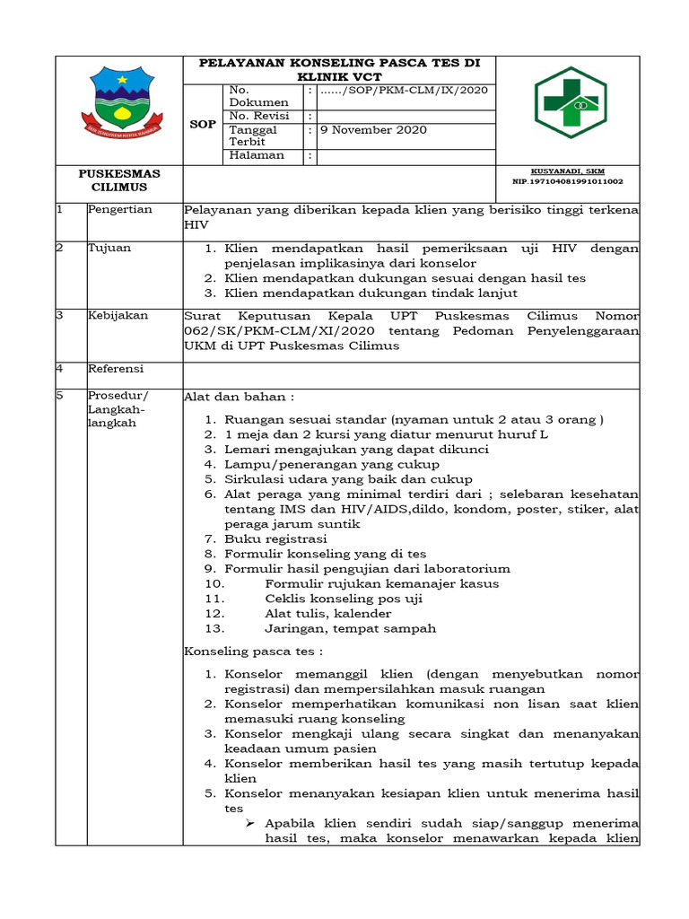 Sop Pelayanan Konseling Pasca Tes Di Klinik VCT | PDF