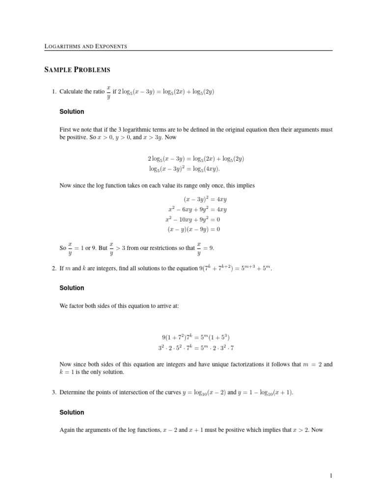 Sample Problems - Logarithms and Exponents | PDF | Logarithm | Exponentiation