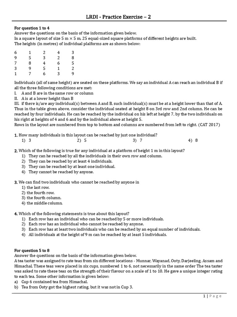 LRDI - Practice Exercise - 2 | PDF | Cost | Tea LRDI - Practice Exercise - 2 | PDF | Cost | Tea