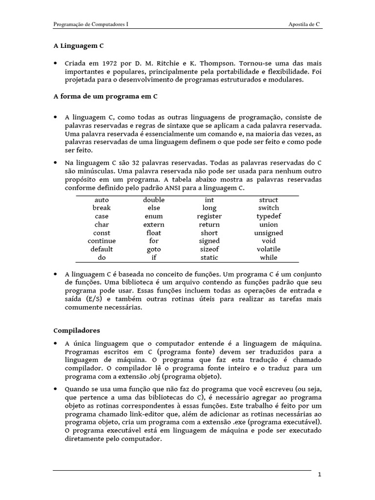 Programação de Computadores I Apostila de C | PDF | C (linguagem de ...