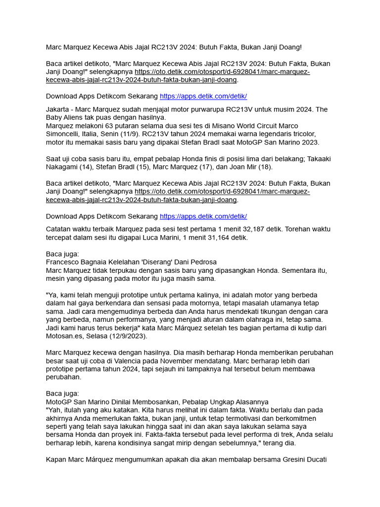 Marc Marquez Kecewa Abis Jajal RC213V 2024 | PDF