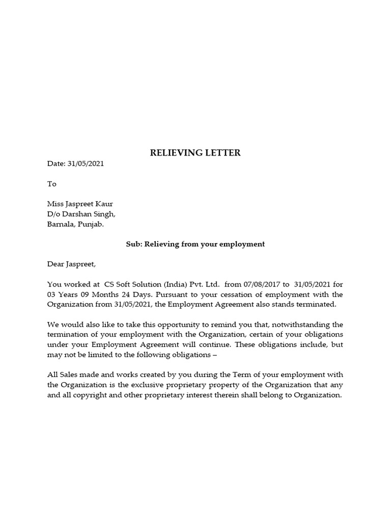 Relieving Letter | PDF | Business | Self-Improvement