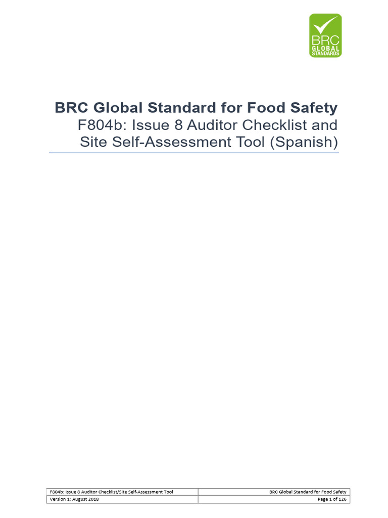 BRC Global Standard For Food Safety F804b: Issue 8 Auditor Checklist ...
