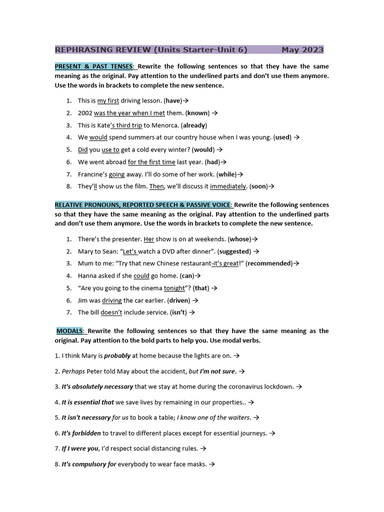 REPHRASING - Units 1-6 | PDF | Languages | Foreign Language Studies