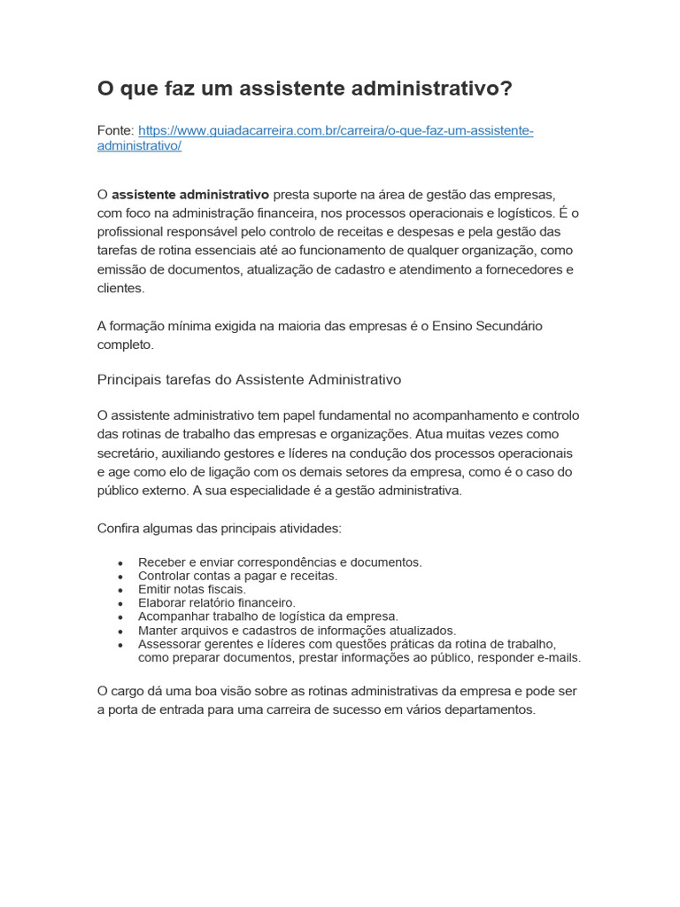 O Que Faz Um Assistente Administrativo | PDF | Ensino Superior | Logística