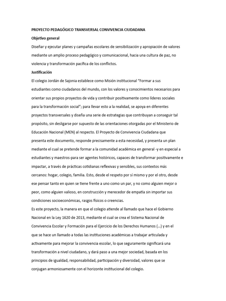 Proyecto Pedagógico Transversal Convivencia Ciudadana | PDF | Pedagogía ...