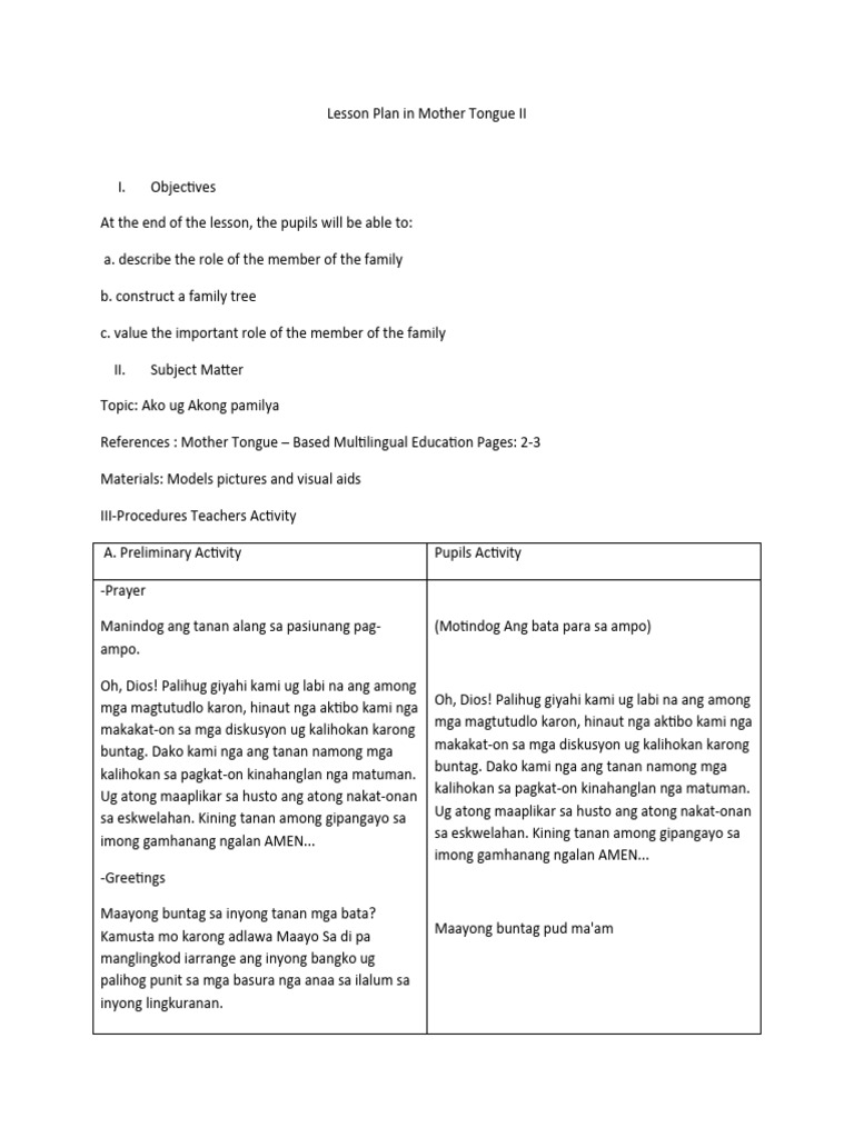 Group 4. Lesson Plan in Mother Tongue | PDF