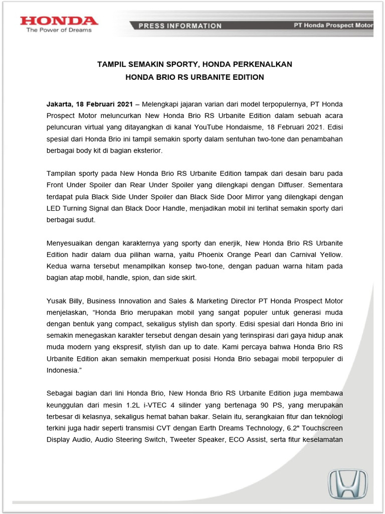 Honda Brio RS Urbanite: Sporty & Stylish | PDF