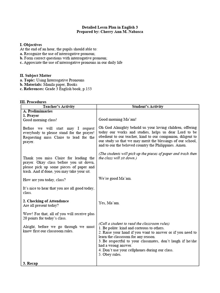 Detailed Lessn Plan in English 3 | PDF | Question | Pronoun