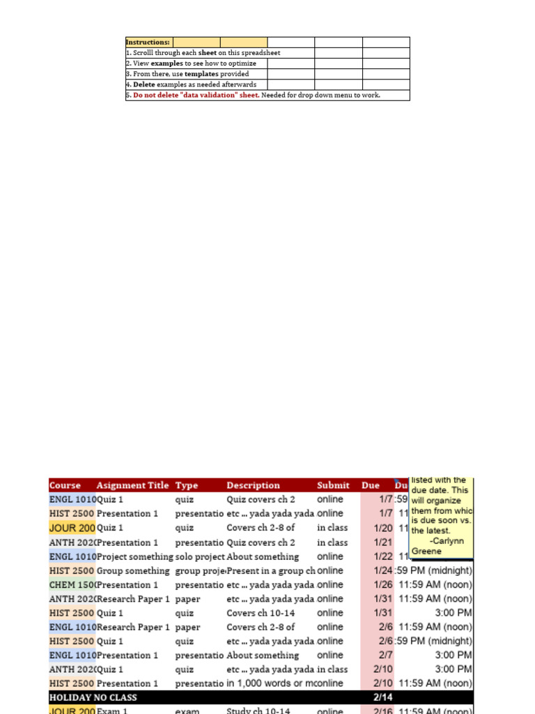 Assignment - Class Schedule Template Organizer Spreadsheet - Provided ...