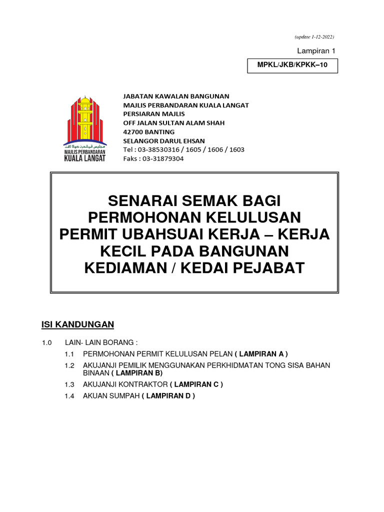 20.senarai Semakan Permohonan Permit Kerja Kerja Kecil 1 | PDF