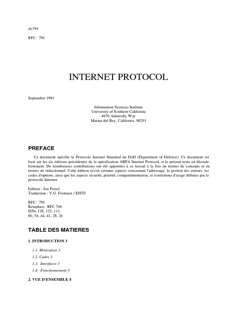 Spécification du Protocole Internet RFC 791 | PDF | l'Internet ...