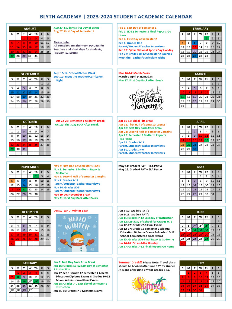 2023-2024 Student Academic Calendar | Download Free PDF | Academic Term ...