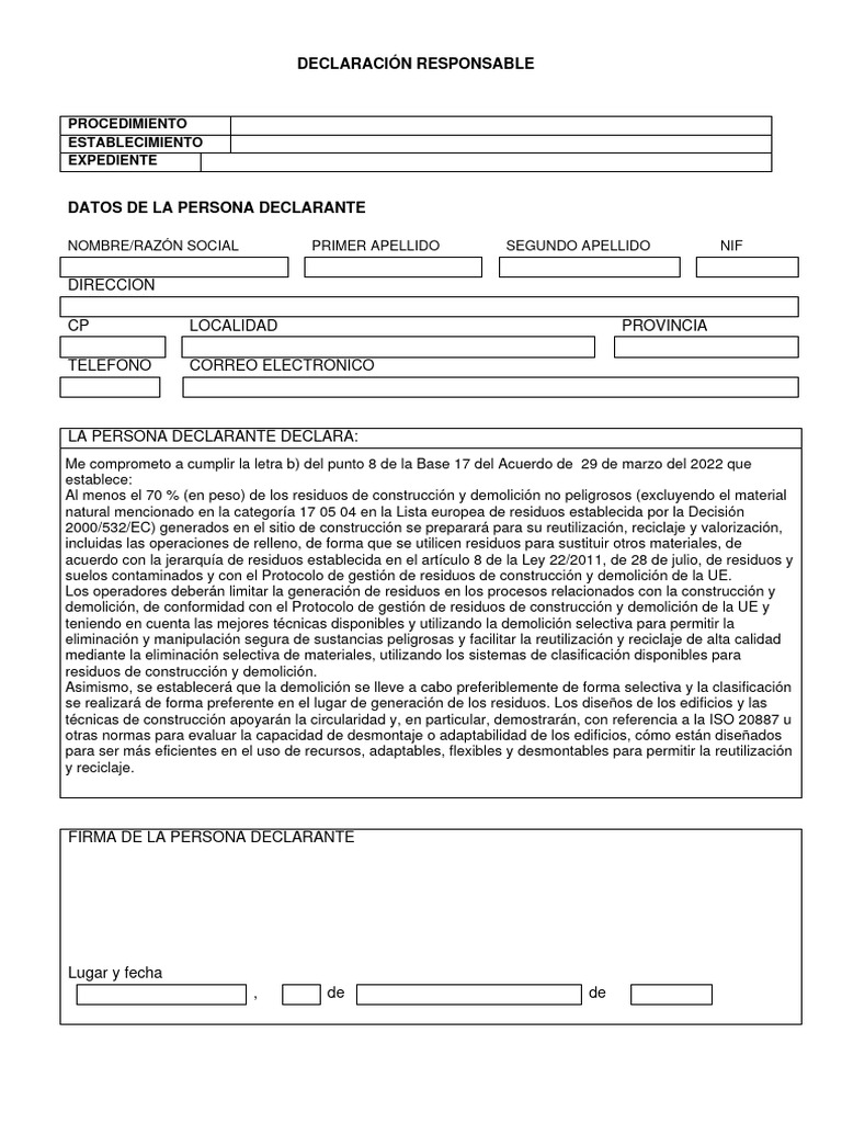 DECLARACIÓN RESPONSABLE - Residuos | PDF