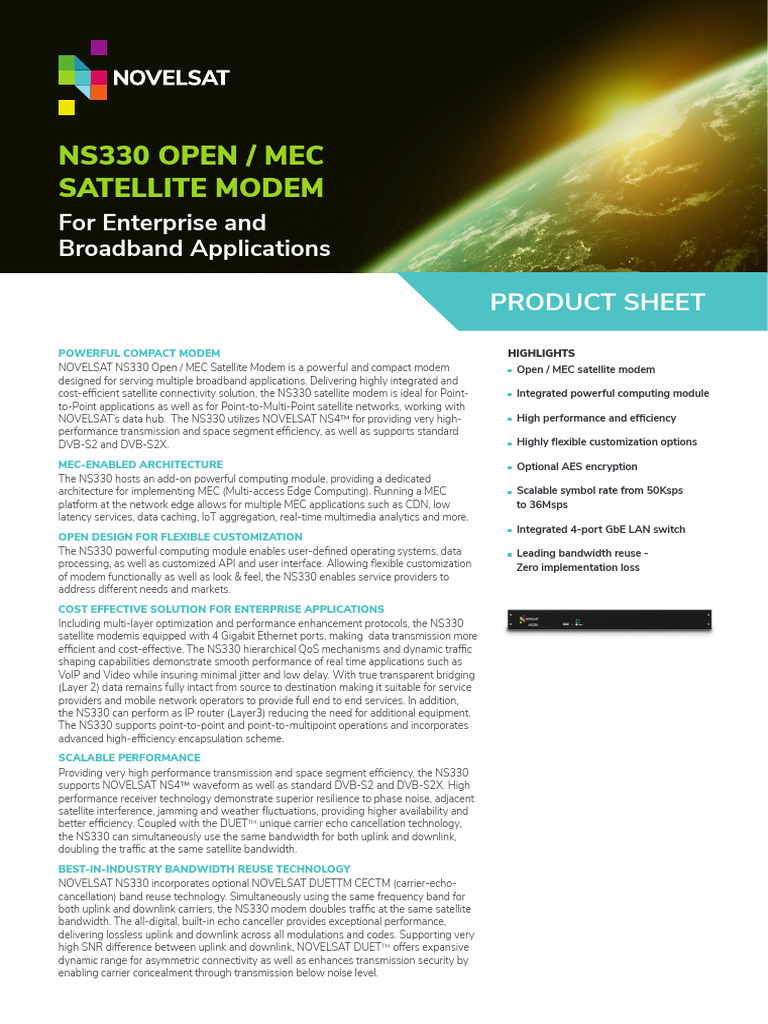 NOVELSAT Product Sheet NS330R Open MEC Satellite Modem | PDF | Modem | Computer Network