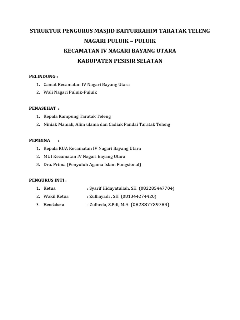 Struktur Pengurus Masjid Baiturrahim Taratak Teleng Nagari Puluik ...