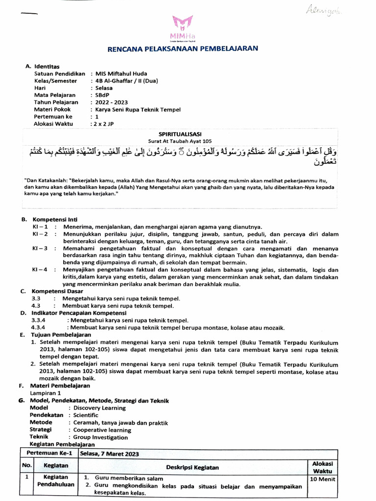 RPP SBDP KLS 4 Karya Seni Rupa Teknik Tempel | PDF | Karier & Perkembangan