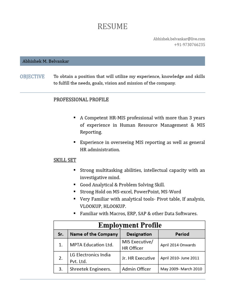 Resume: Employment Profile | PDF | Microsoft Excel | Recruitment