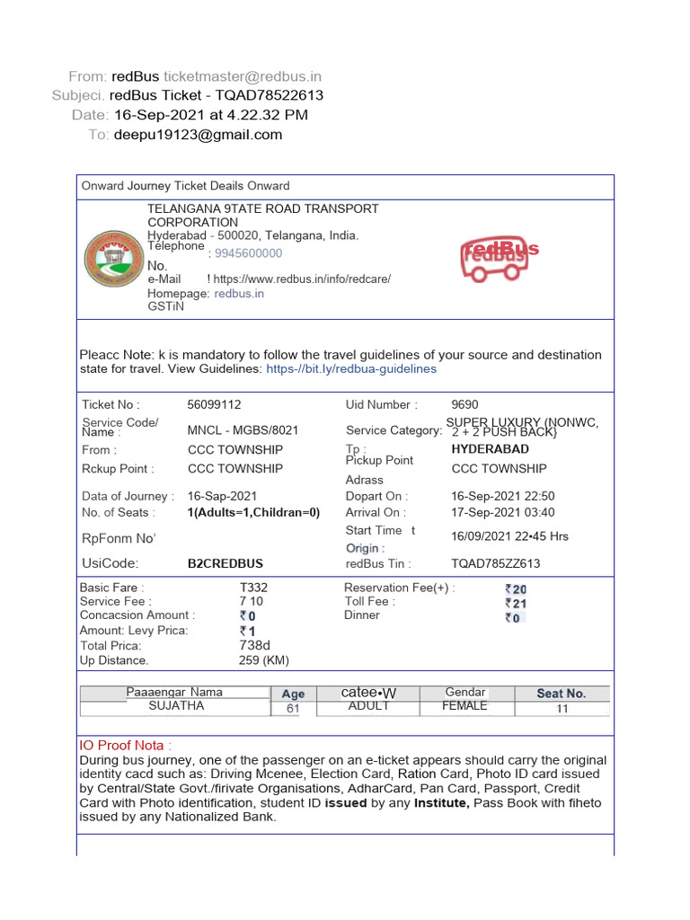 Redbus Ticket - TQAD78522613 | PDF | Transport | Access Control