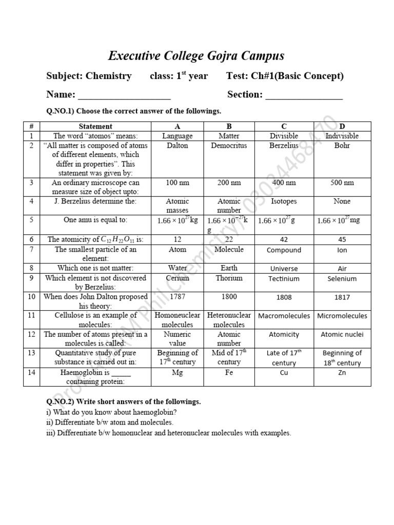 1st Year Ch#1 Basic Concept | PDF | Molecules | Atoms