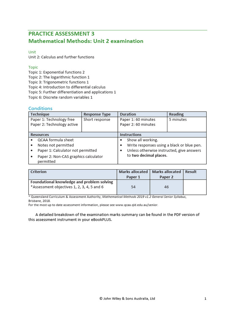 Jacaranda Practice Assesment 3 Unit 2 | PDF | Logarithm | Function (Mathematics)