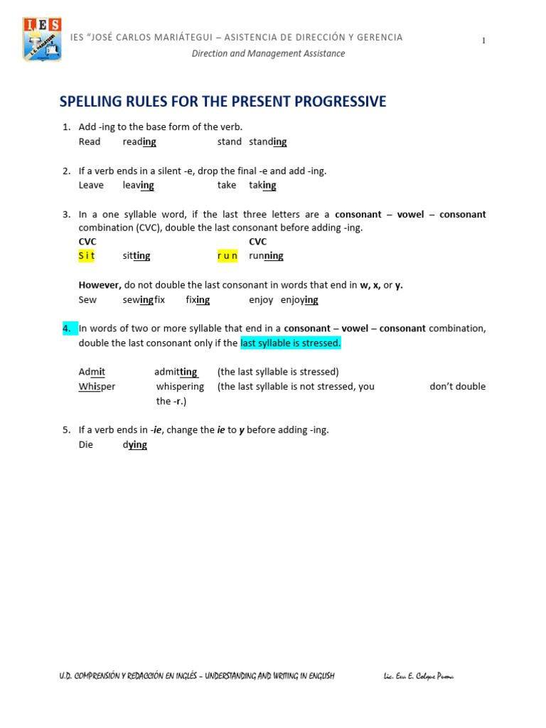 Sem 3 Present Progressive Pdf Syllable Consonant