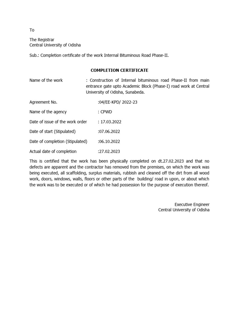 CPWD Work Completion Certificate | PDF | Buildings And Structures