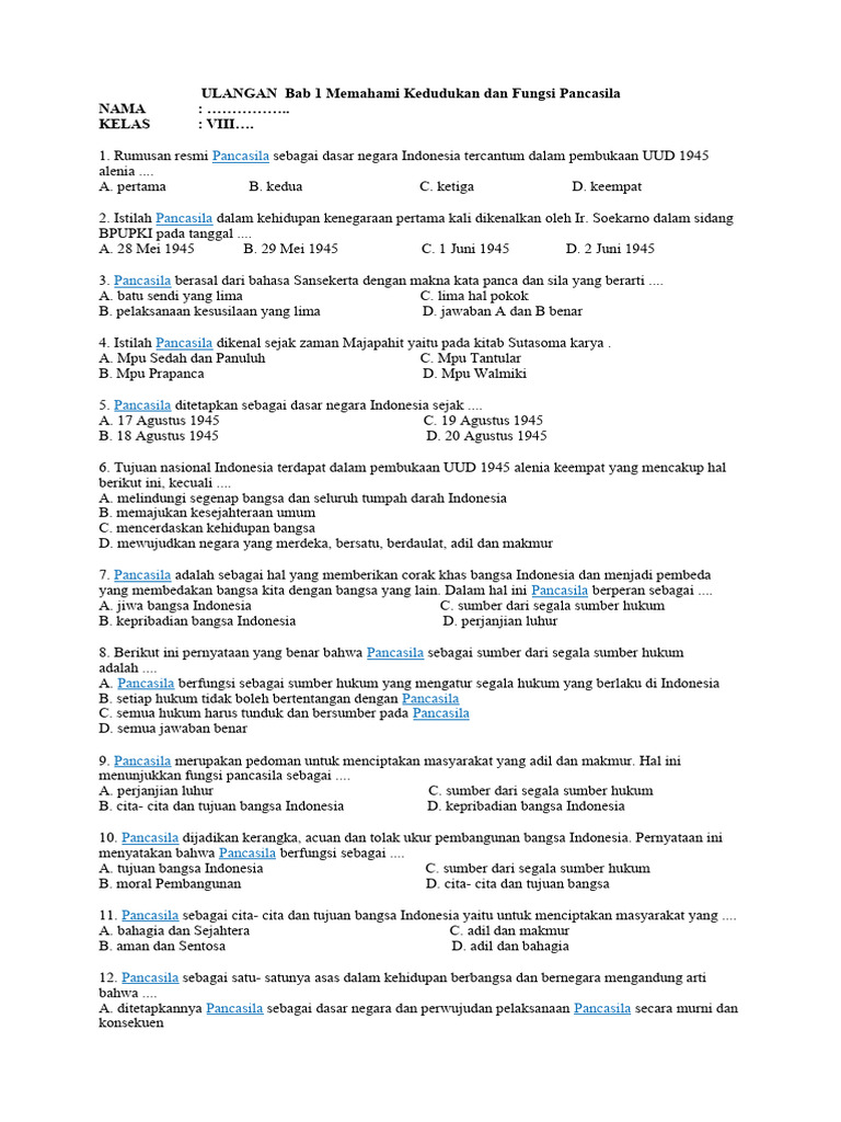 Soal PPKN Kelas 8 Bab 1 Memahami Kedudukan Dan Fungsi Pancasila | PDF