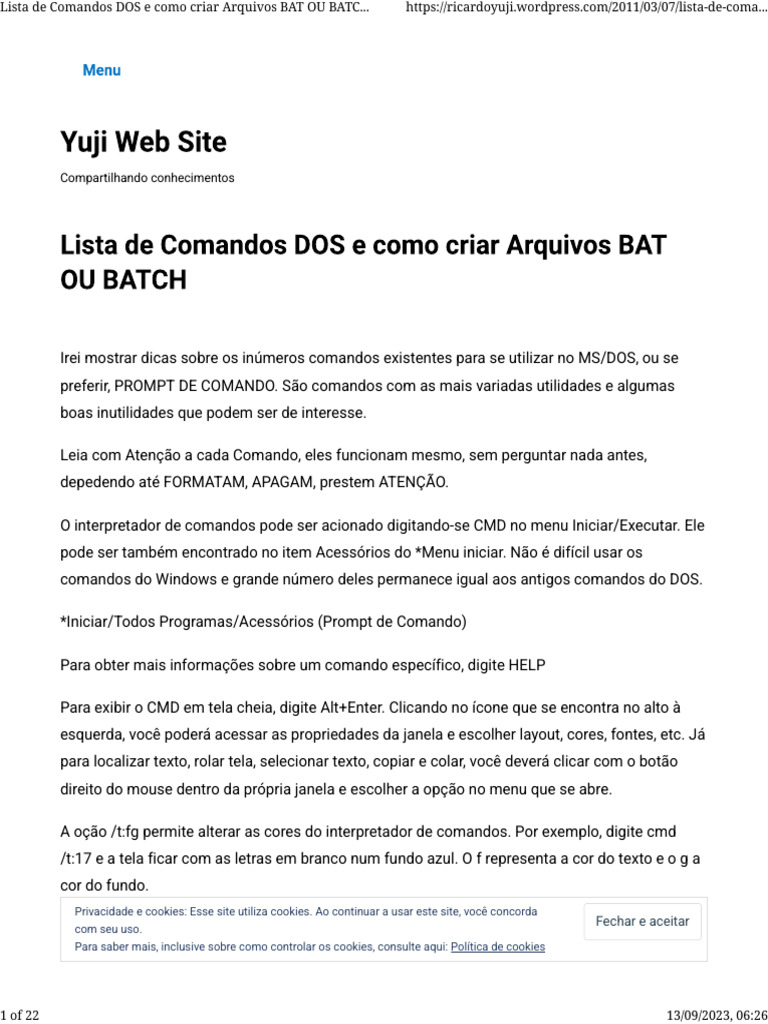 Lista de Comandos DOS e Como Criar Arquivos BAT OU BATCH - Yuji Web Site | PDF | Arquivo de ...