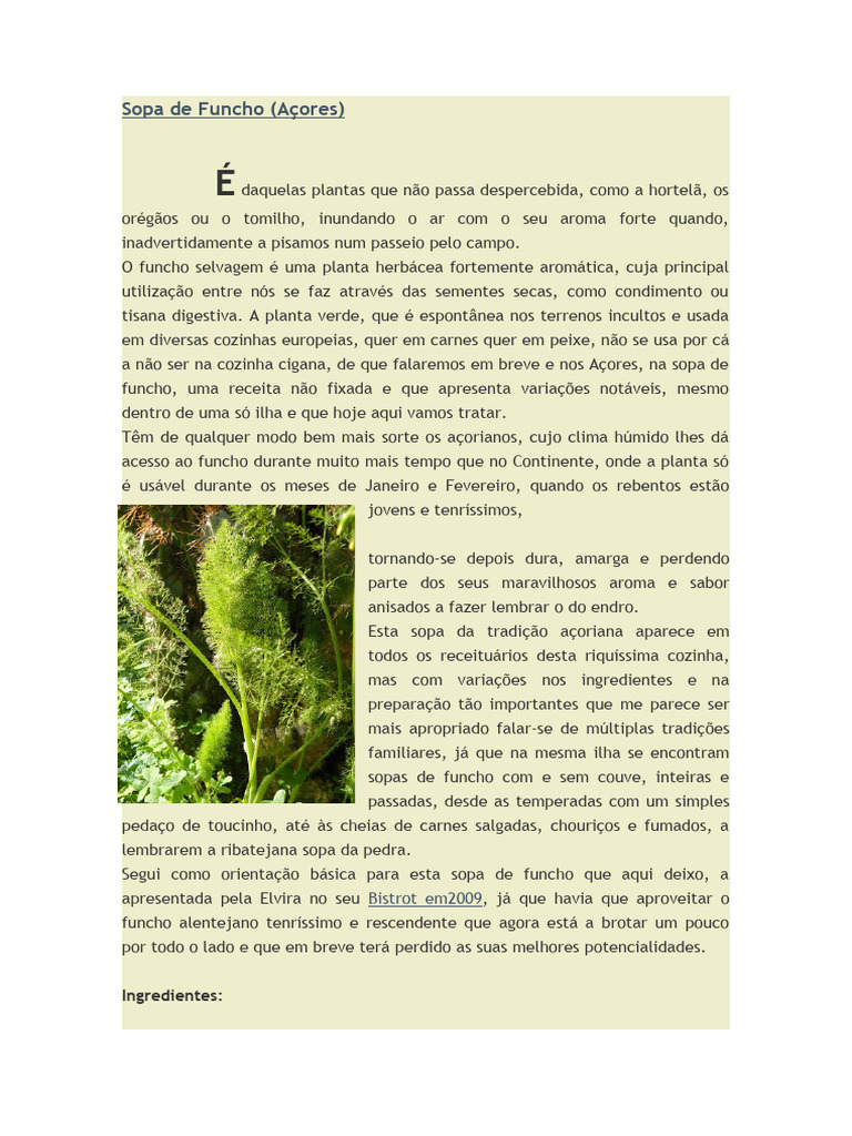 Sopa Tradicional de Funcho Açoriana | PDF | Funcho | Açores