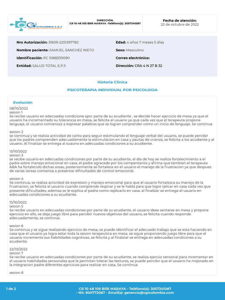 Historia Clínica Psicoterapia Individual Octubre - Samuel Sánchez Nieto ...