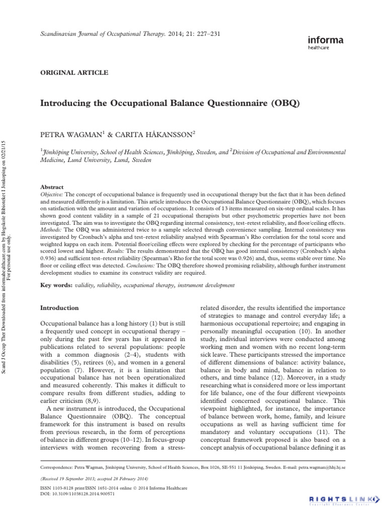 Introducing The Occupational Balance Questionnaire Ob Q | PDF ...
