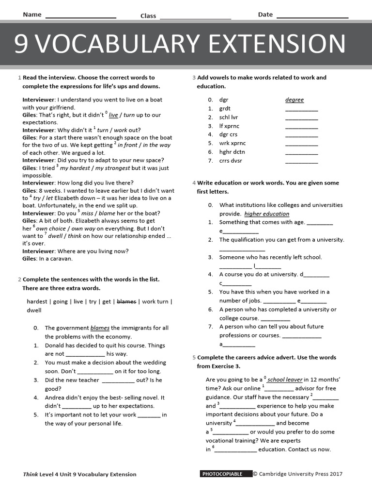 THINK L4 Unit 9 Vocabulary Extension | PDF