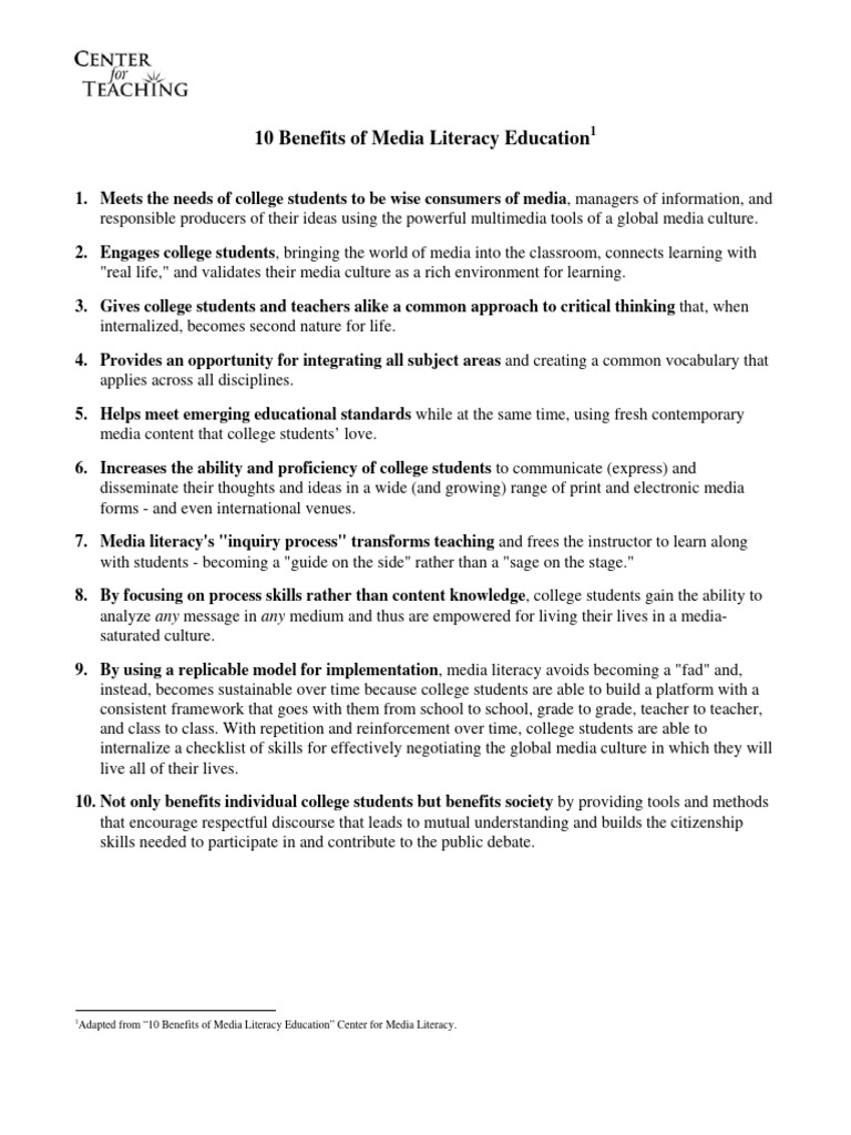10 Benefits of Media Literacy Education Ed | PDF