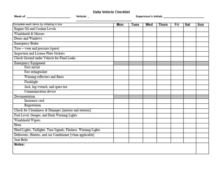 Daily Vehicle Checklist | PDF