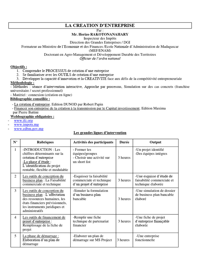Création d'Entreprise à Madagascar | PDF | Plan d'affaires ...