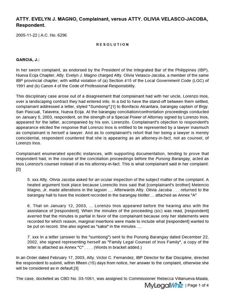 Atty Evelyn J Magno Vs Atty Olivia Velasco-Jacoba | PDF | Lawyer ...